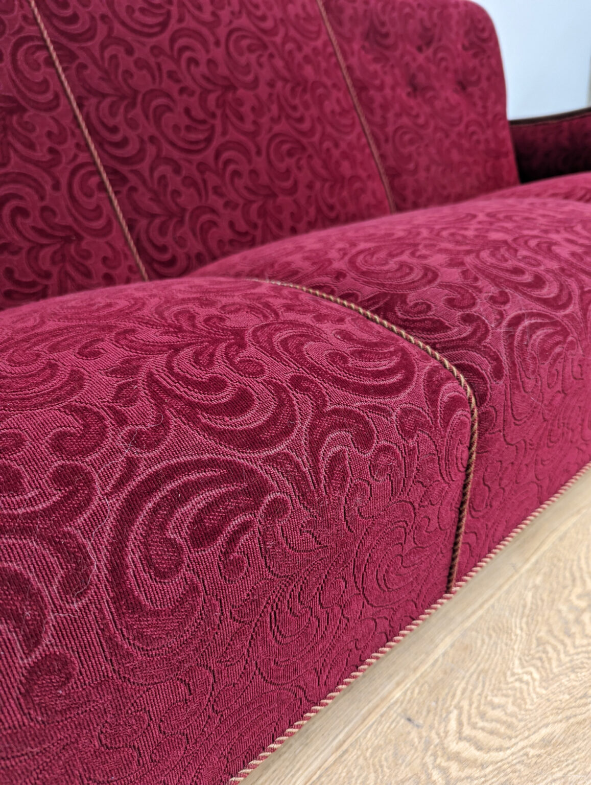 Vintage 1950s Danish Cherry Red Patterned Velvet Sofa with Carved Frame ...
