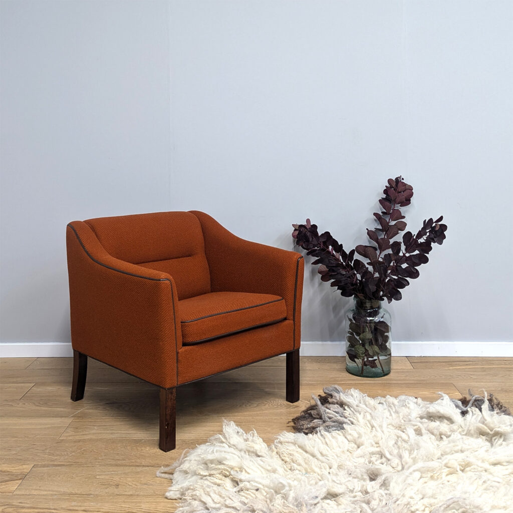 Original Danish Dark Orange Wool Lounge Chair with Leather Piping ...